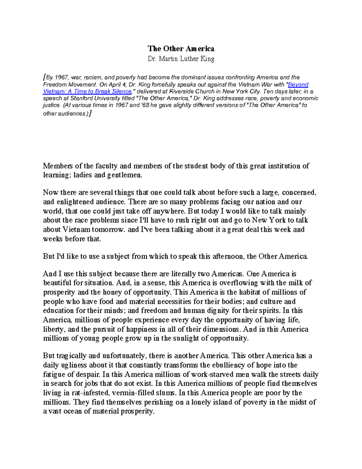 MLK The Other America - Speech for Rhetorical Analysis given by Dr ...