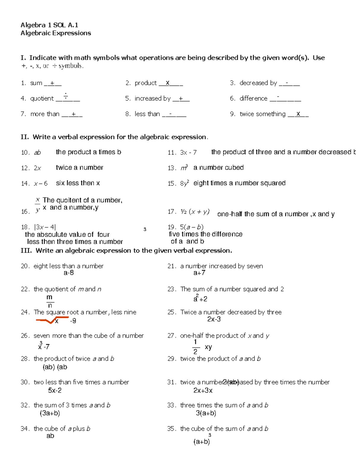 A-1-1 Algebraic Expressions Classwork and Operations Guide - Studocu