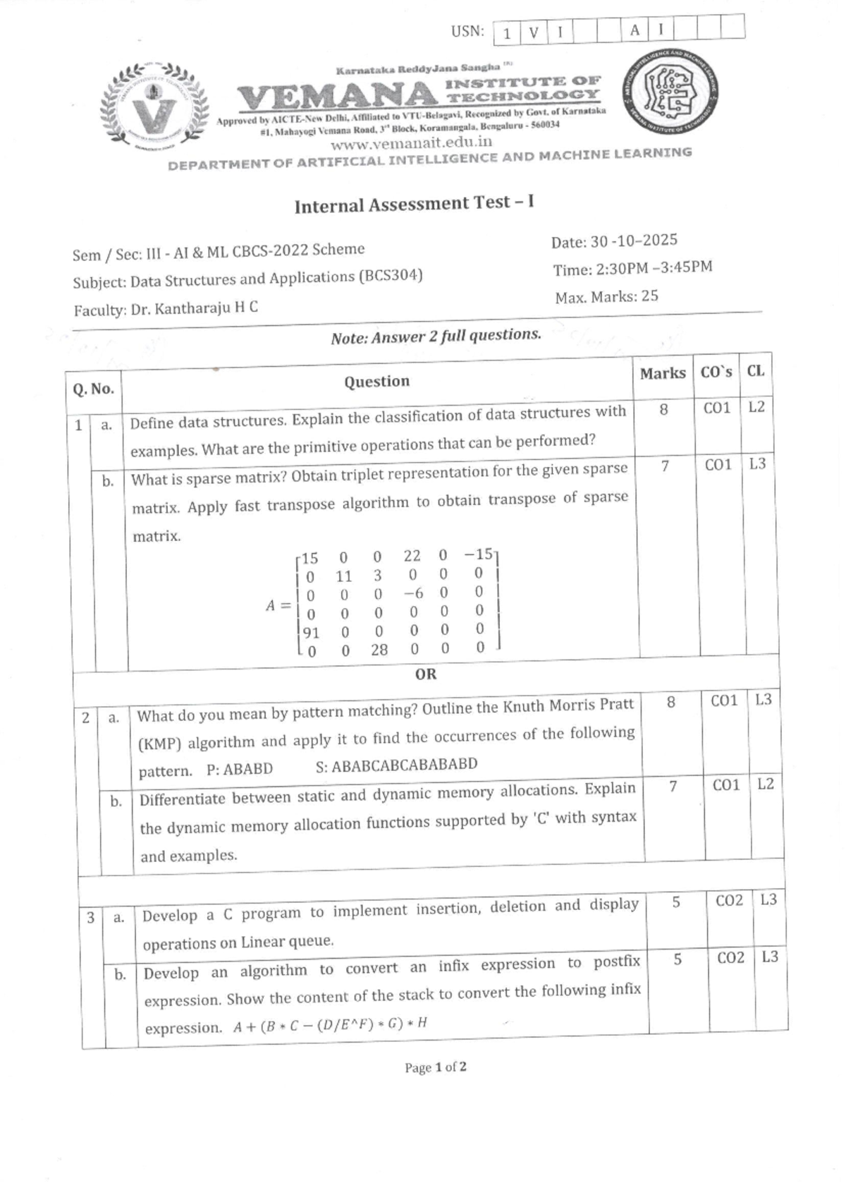 BCS304 Data Structures and Applications IA Test 1 Question Paper - Studocu