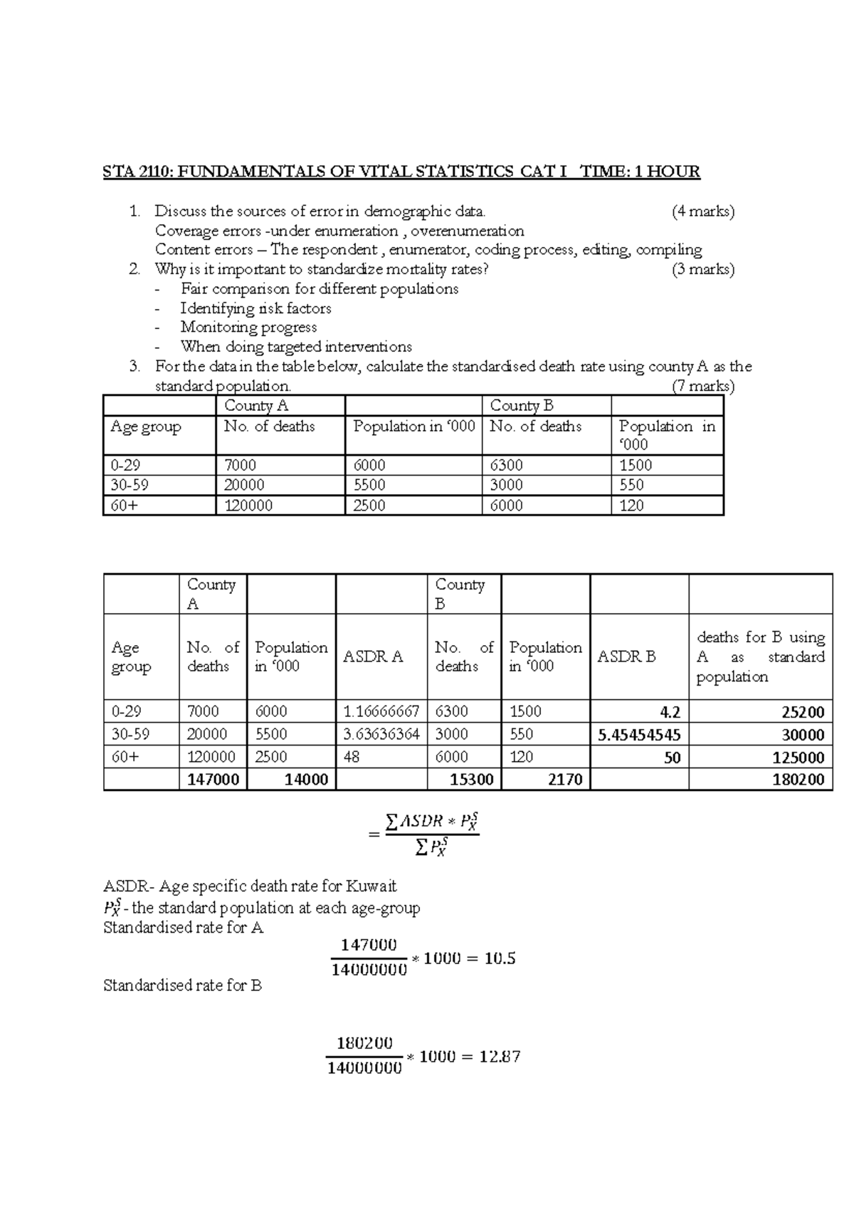 STA 2110 Cat I 24 Study Guide: Vital Statistics Fundamentals - Studocu