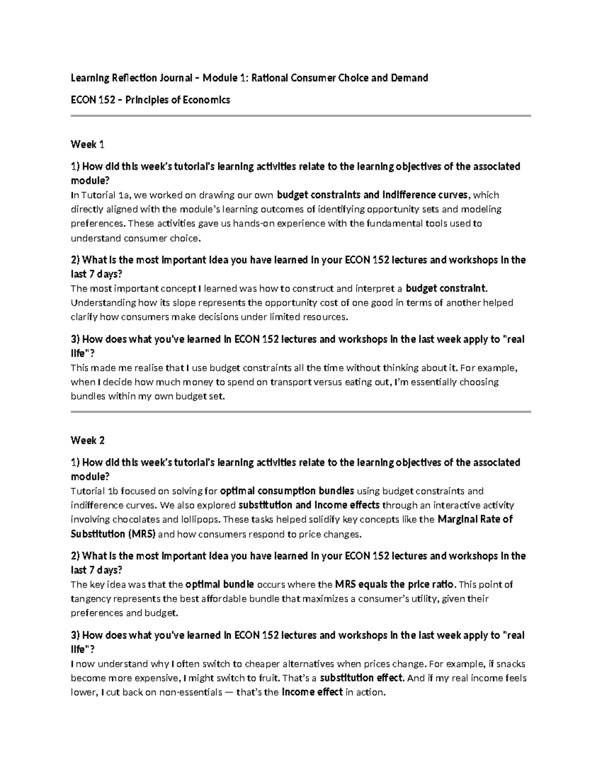 Learning Reflection Journal: ECON 152 Weeks 1-6 Insights - Studocu