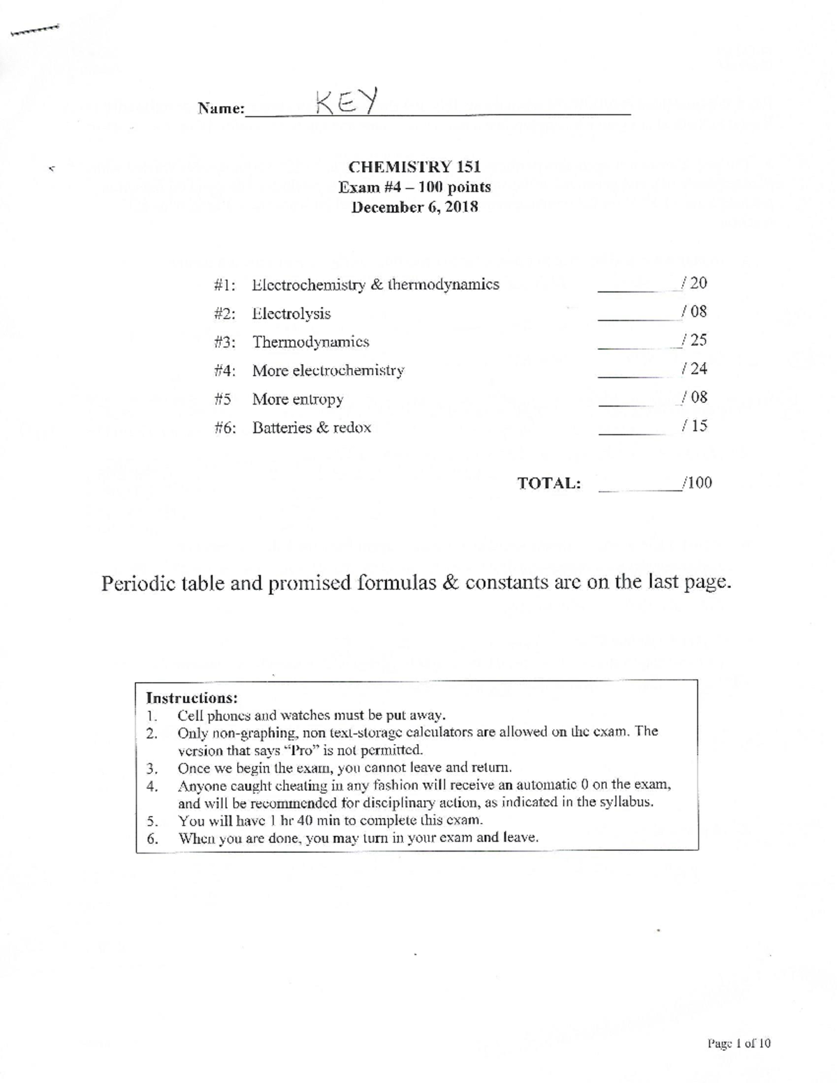 CHEM 151 Exam #4 - Key Answers and Guidelines (Fall 2018) - Studocu