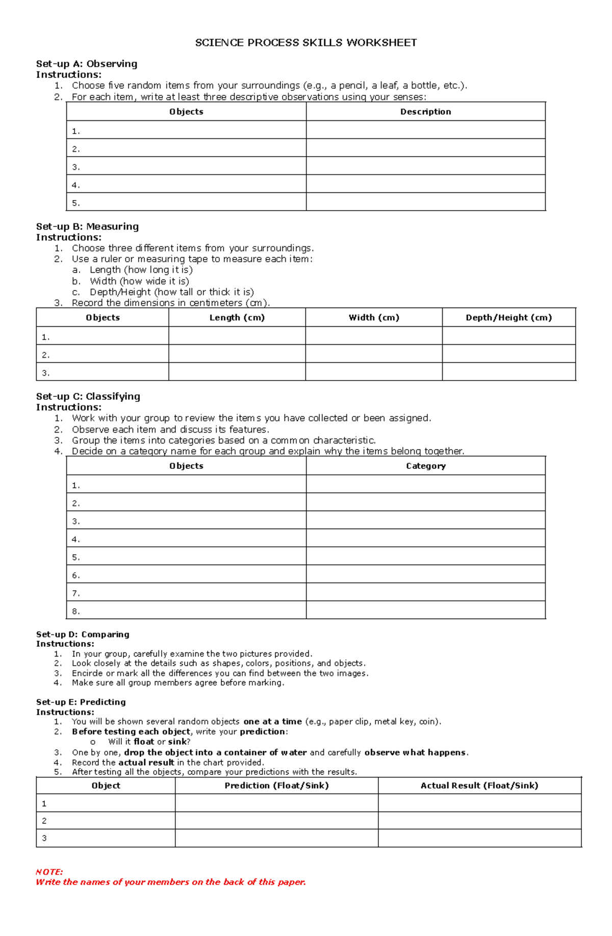 SCI 101: Science Process Skills Worksheet A - Observing & Measuring ...