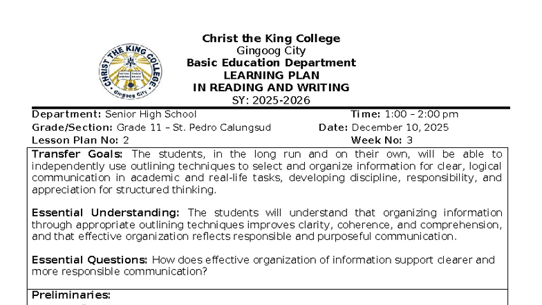 R&W-Lesson-Plan: Outlining Techniques for Grade 11 (SY 2025) - Studocu