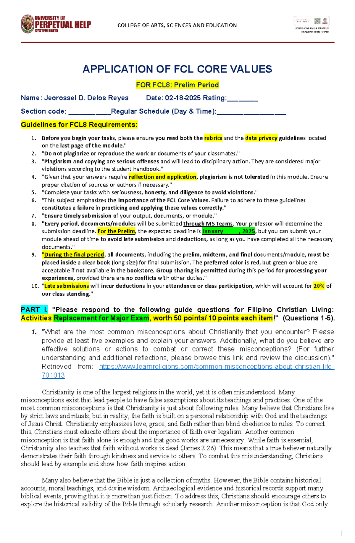 FCL-8 Prelim 2025: Application of FCL Core Values and Practices - Studocu