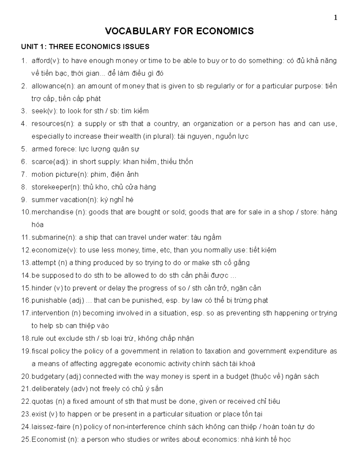 Vocabulary for Economics - Unit 1: Key Terms and Concepts - Studocu