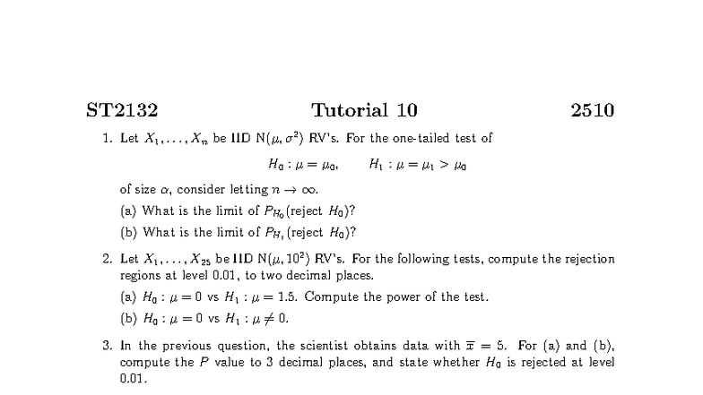 ST2132 T10 - Hypothesis Testing Tutorial Notes - Studocu