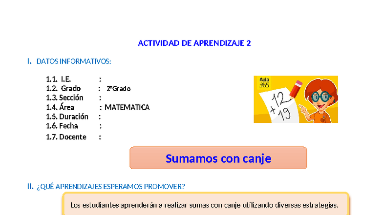 D2 A1 Sesión MAT: Aprendizaje de Sumas con Canje - Studocu