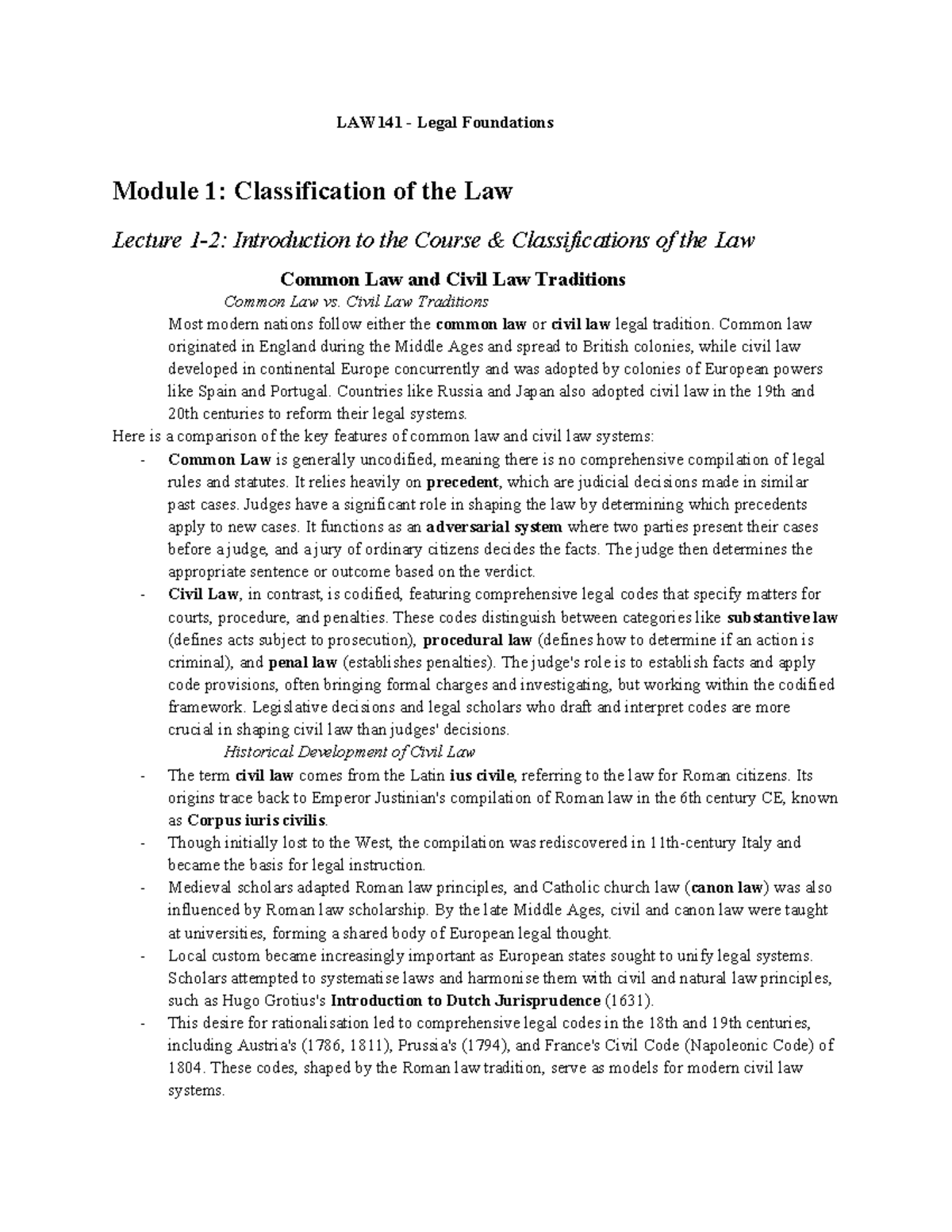 LAW141 Legal Foundations Module 1: Classifications of Law Lecture - Studocu