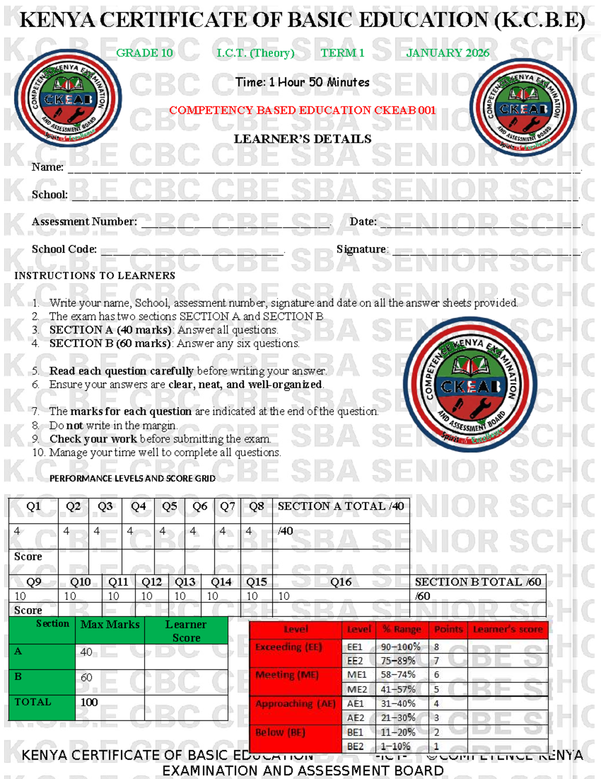 Grade 10 ICT 001 2026 - Term 1 Exam Paper on Computer & Technology ...