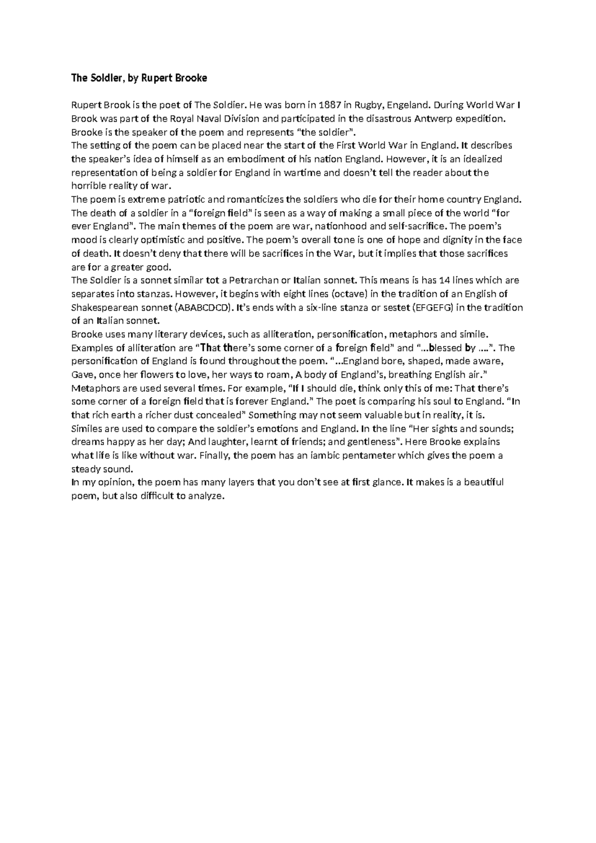 Analysis of "The Soldier" by Rupert Brooke - Gedicht Analyse - Studeersnel