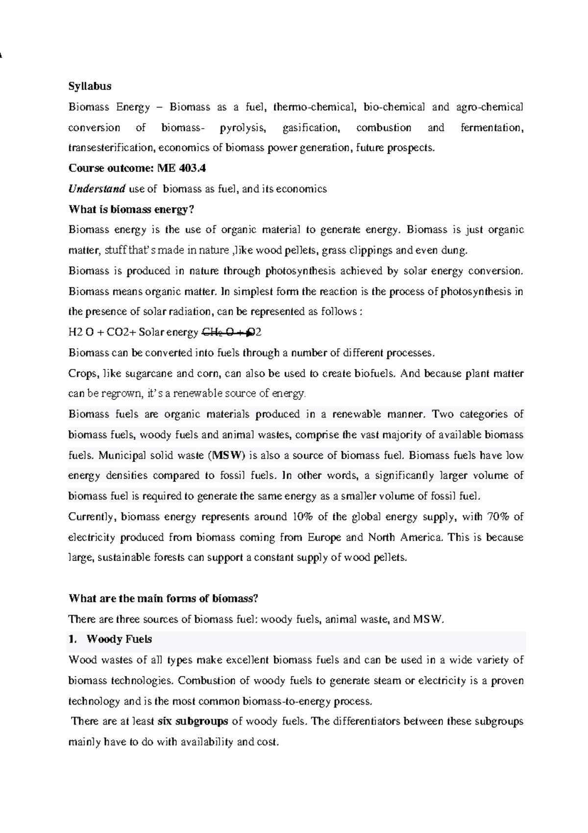 Syllabus ME 403: Biomass Energy Conversion & Economics - Studocu