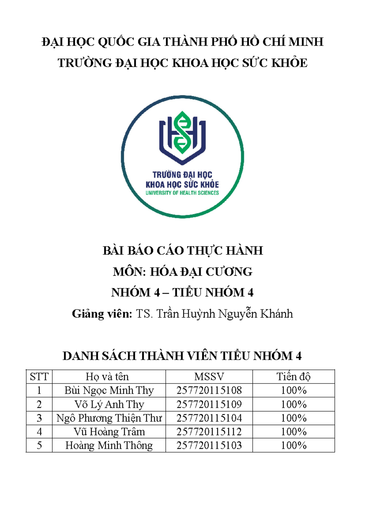 BÁO CÁO THỰC HÀNH HÓA ĐẠI CƯƠNG 5 - NHÓM 4 - Studocu