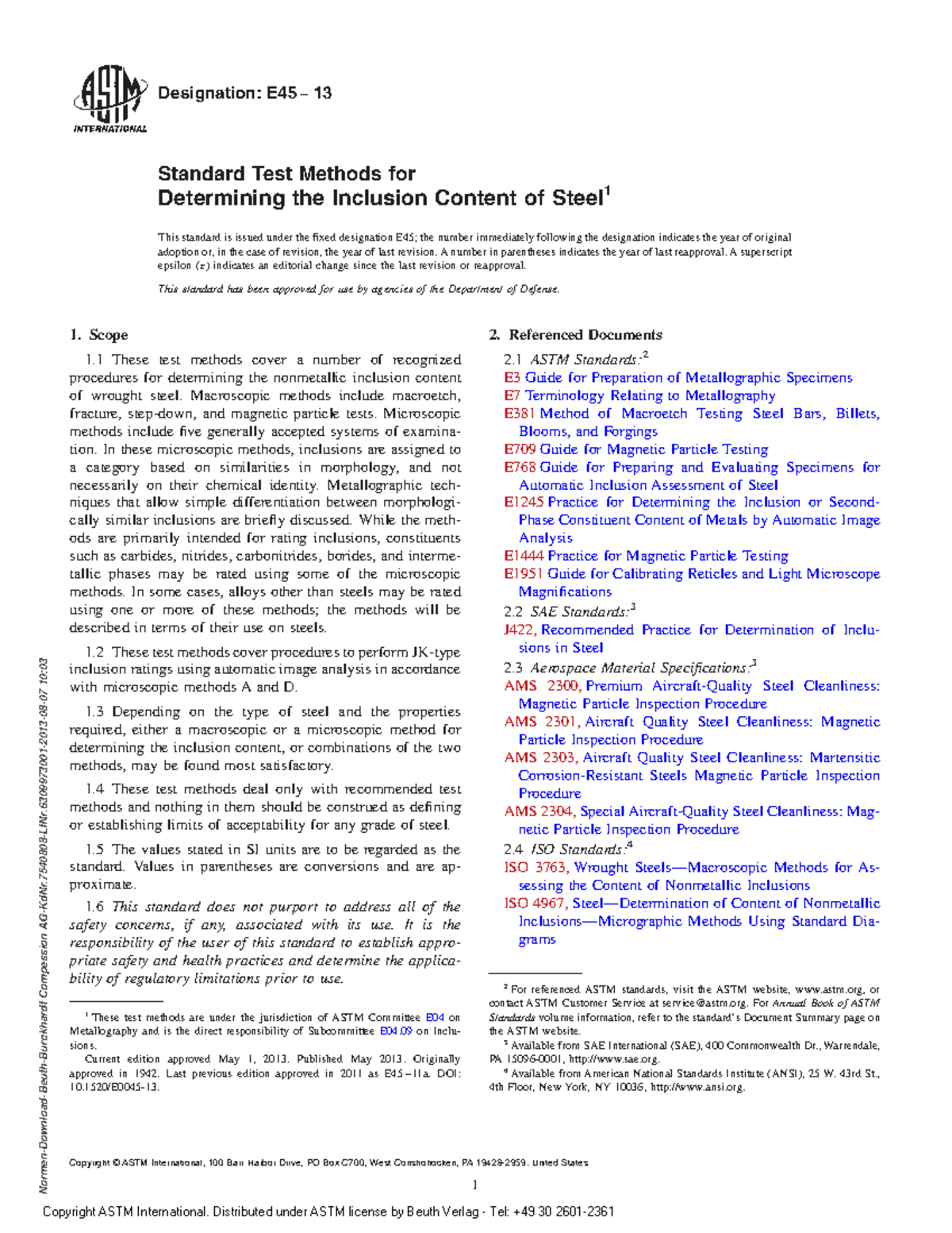 ASTM E45-13: Standard Test Methods for Steel Inclusion Content - Studocu
