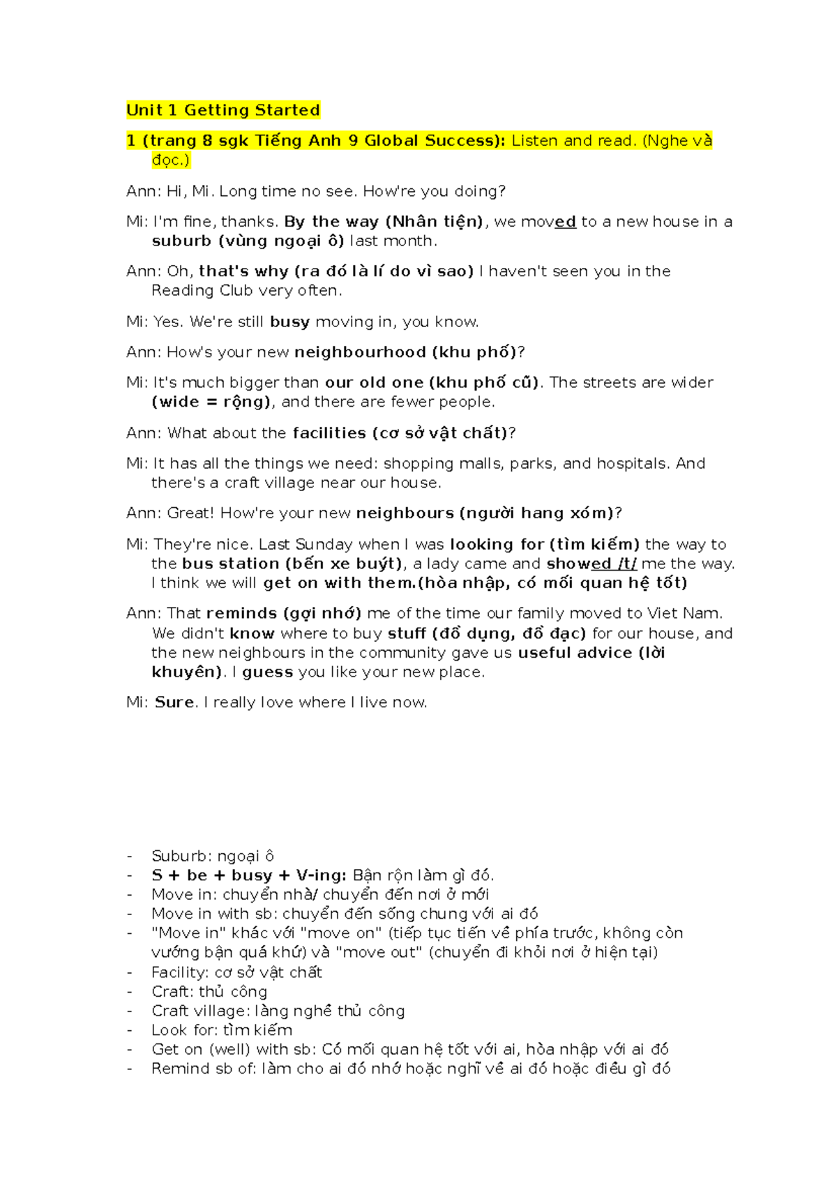 Unit 1: Getting Started - English 9 Global Success (Lessons 6-9) - Studocu