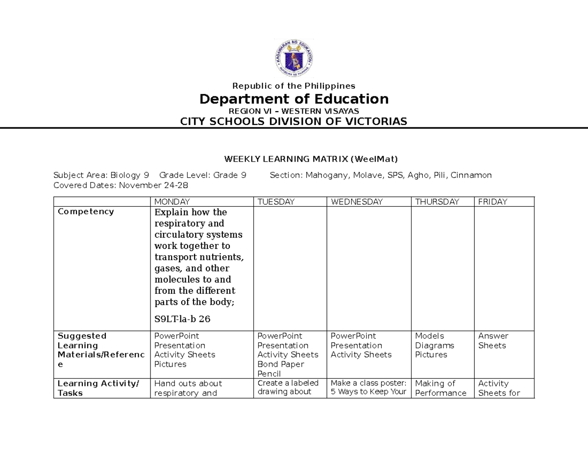 Biology 9 Weekly Learning Matrix (WeelMat) - Nov 24-28 Lesson Plan ...