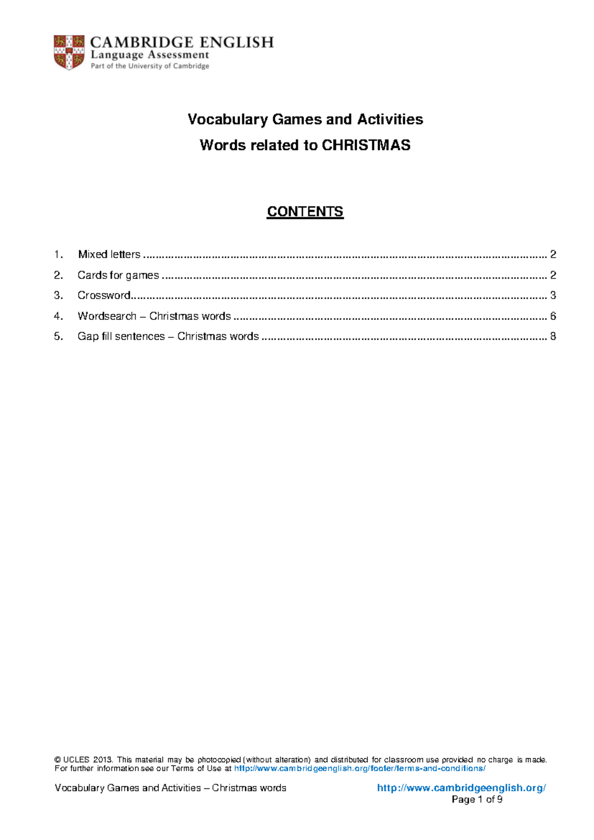 Vocabulary Games & Activities: Christmas Words (UCLES 2013) - Studocu