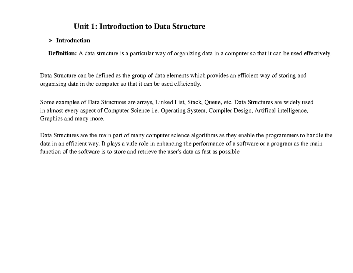 Dsu Full Notes Data Structure Unit 1 Introduction To Data Structure Introduction Definition