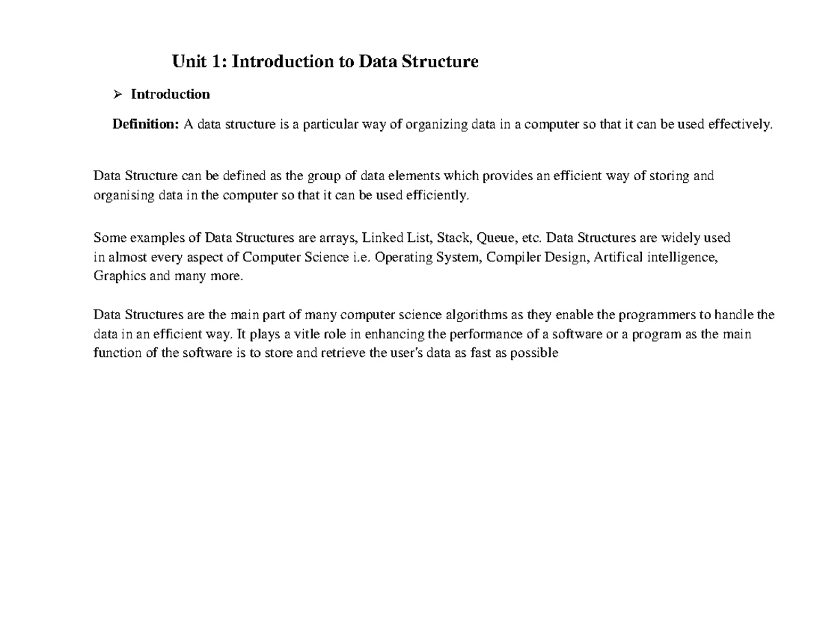Dsu Full Notes Data Structure Unit 1 Introduction To Data Structure Introduction Definition