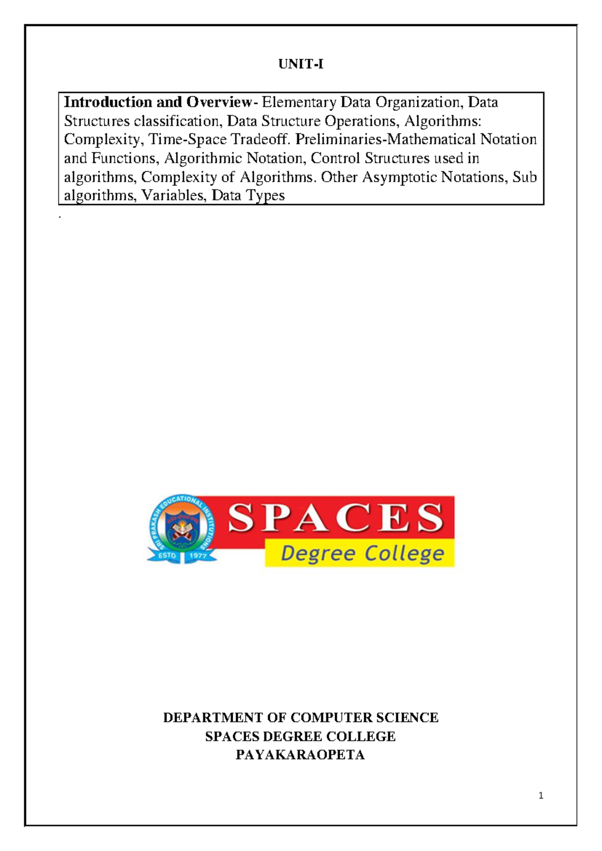 BCA Unit 1: Introduction to Data Structures and Algorithms - Studocu