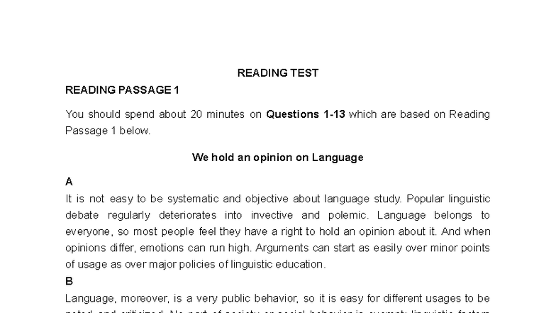 READING TEST: PASSAGE 1 ANALYSIS AND QUESTIONS - Studocu