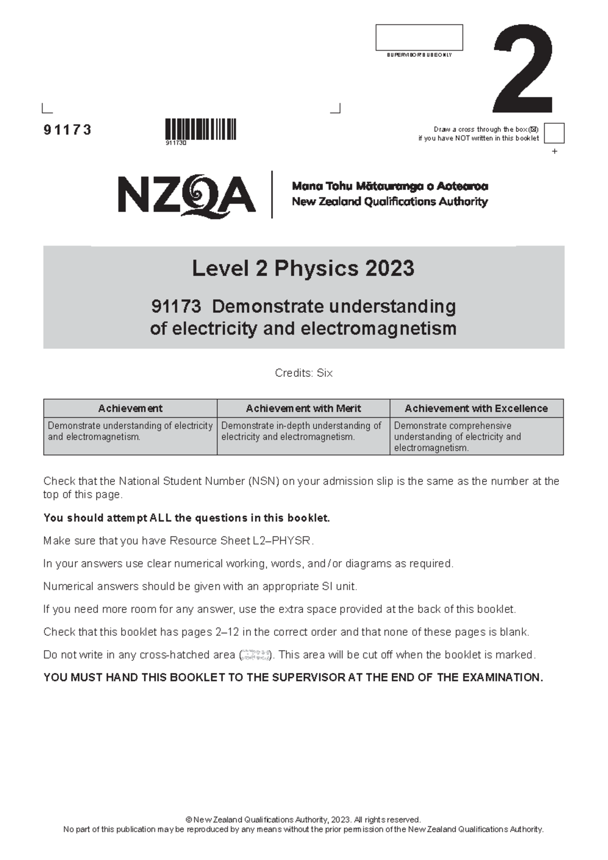Level 2 Physics 91173 Exam 2023 - Understanding Electricity & Magnetism ...