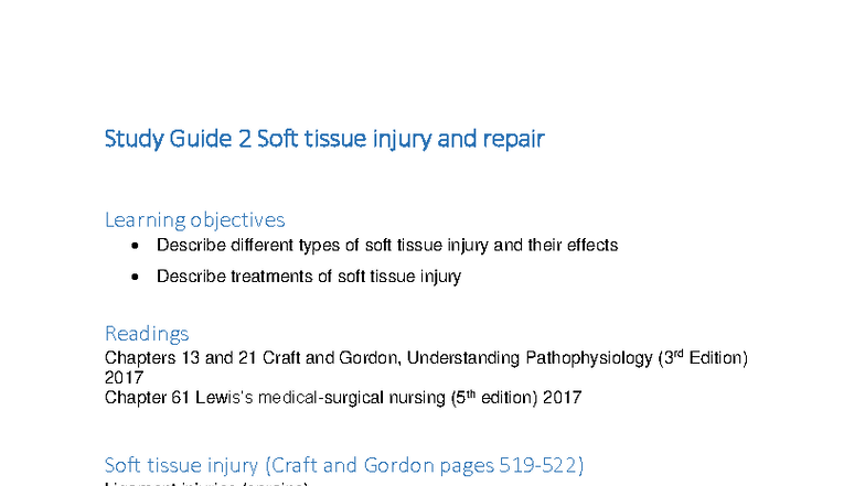 Study Guide 2: Soft Tissue Injury & Repair (Week 7) - Studocu