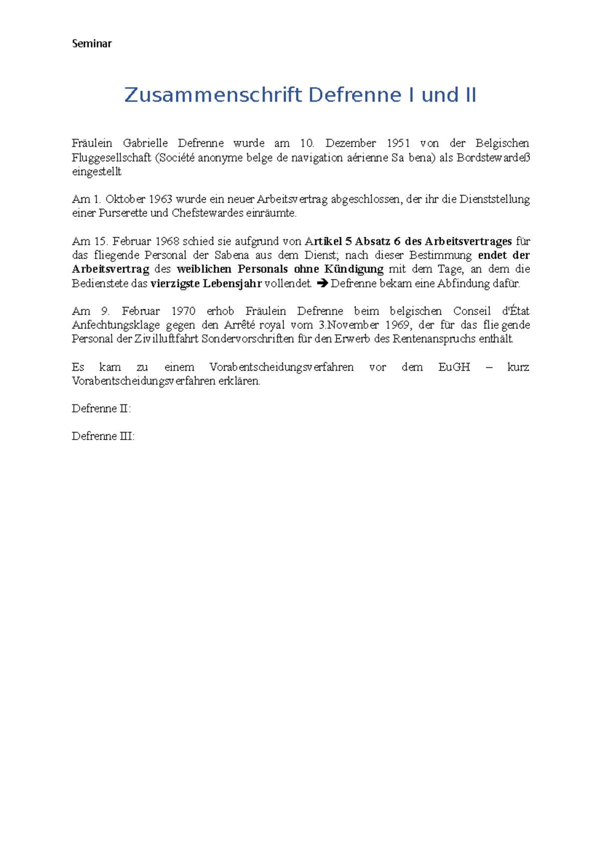 Zusammenschrift Defrenne I und II - Seminar Zusammenschrift Defrenne I ...