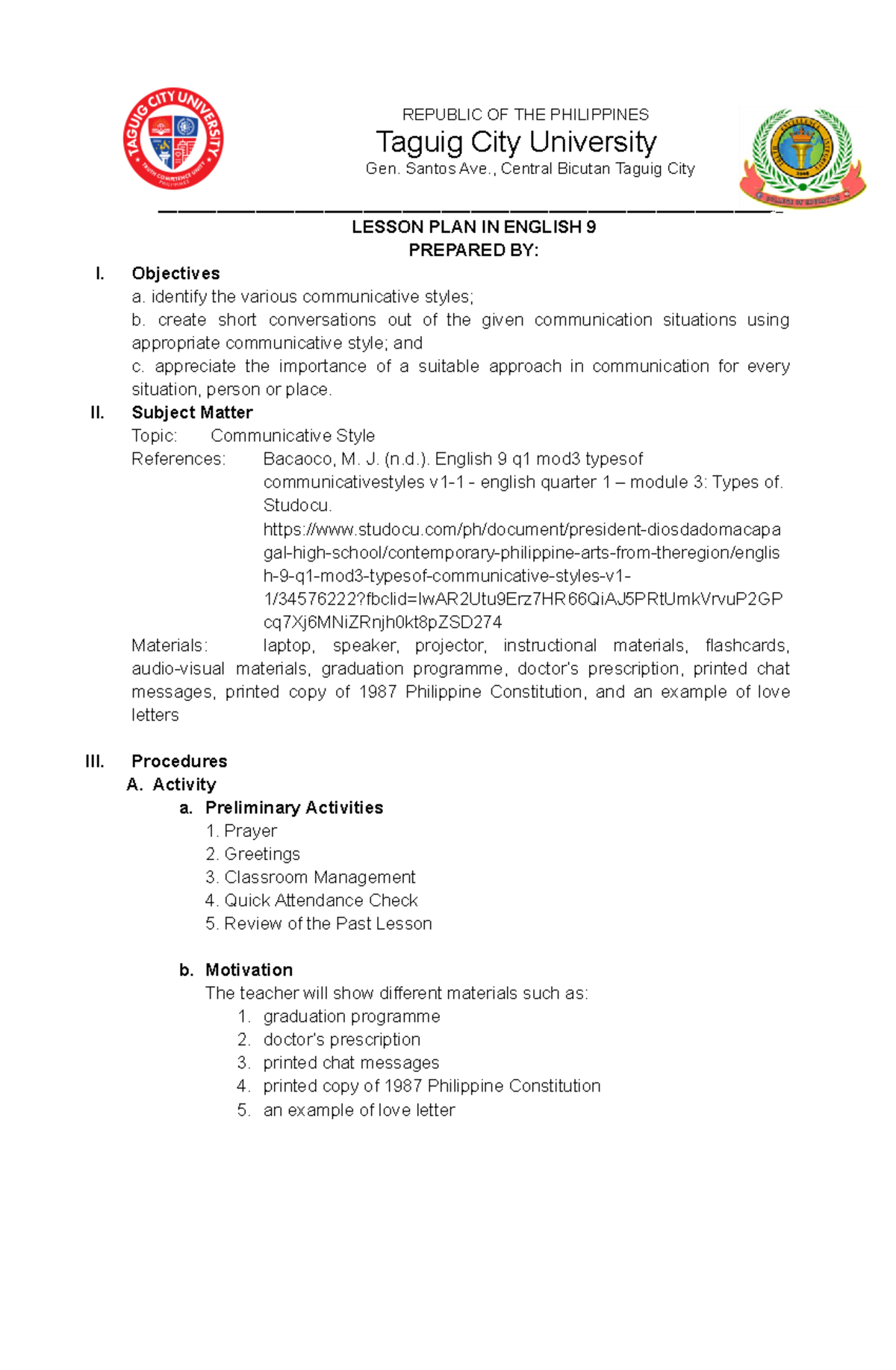 LLMD - Lesson PLAN - REPUBLIC OF THE PHILIPPINES Taguig City University ...