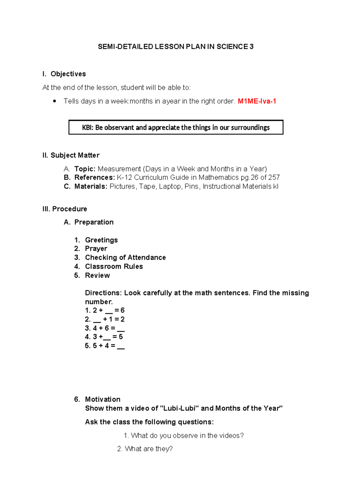 LESSON PLAN IN SCIENCE 3: DAYS & MONTHS OVERVIEW - Studocu