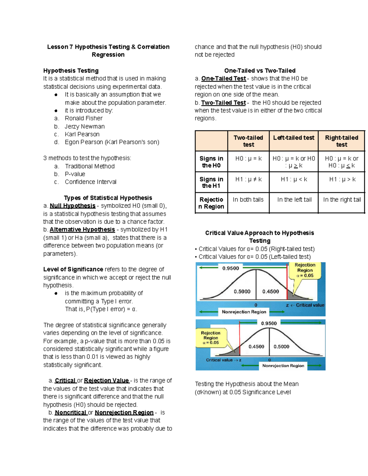 Lesson 7: Hypothesis Testing & Correlation Regression Overview - Studocu