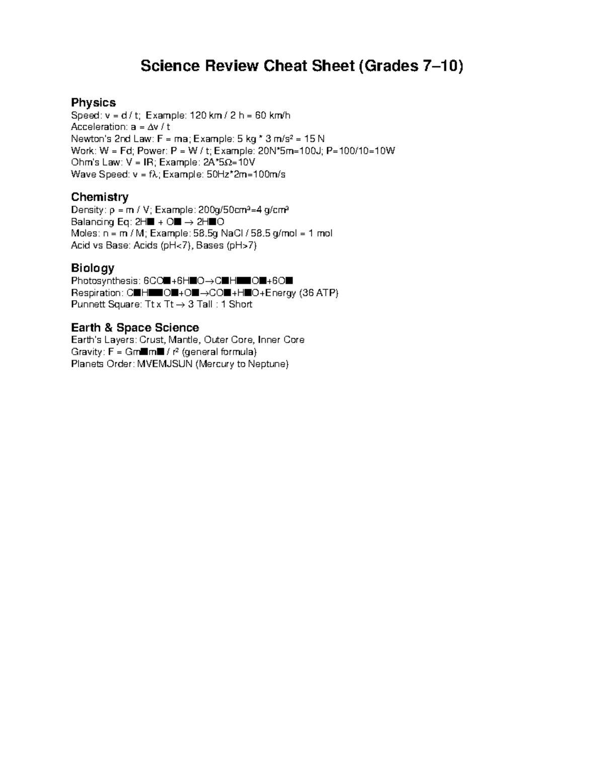 Science Review Grades 7-10 - Science Review Cheat Sheet (Grades 7–10 ...