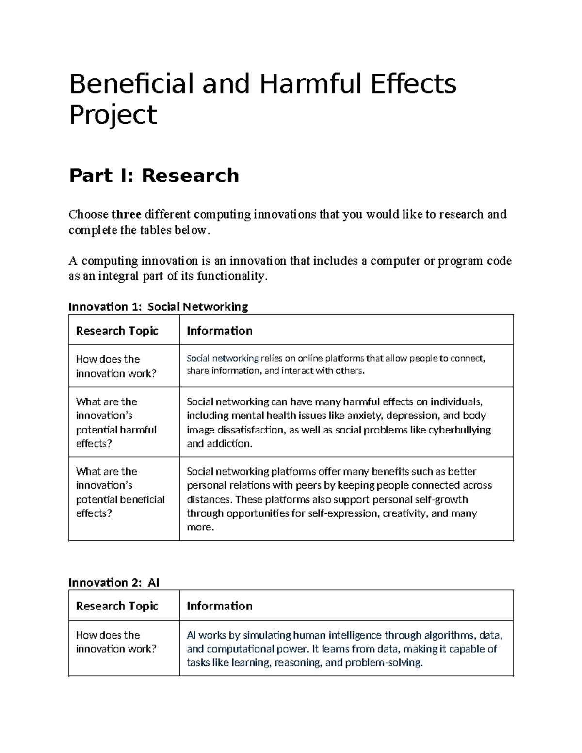 Beneficial and Harmful Effects Project Part I: Computing Innovations ...