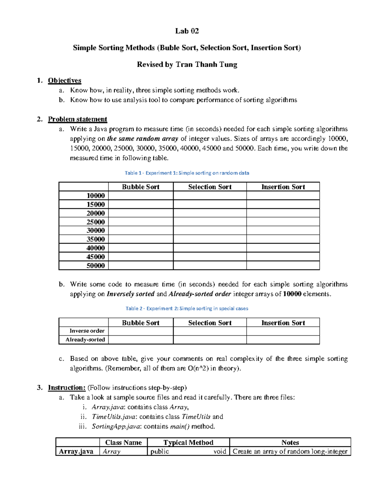 Lab 02 - Lab about the algorithm in sorting algorithm - Lab 02 Simple Sorting Methods (Buble ...