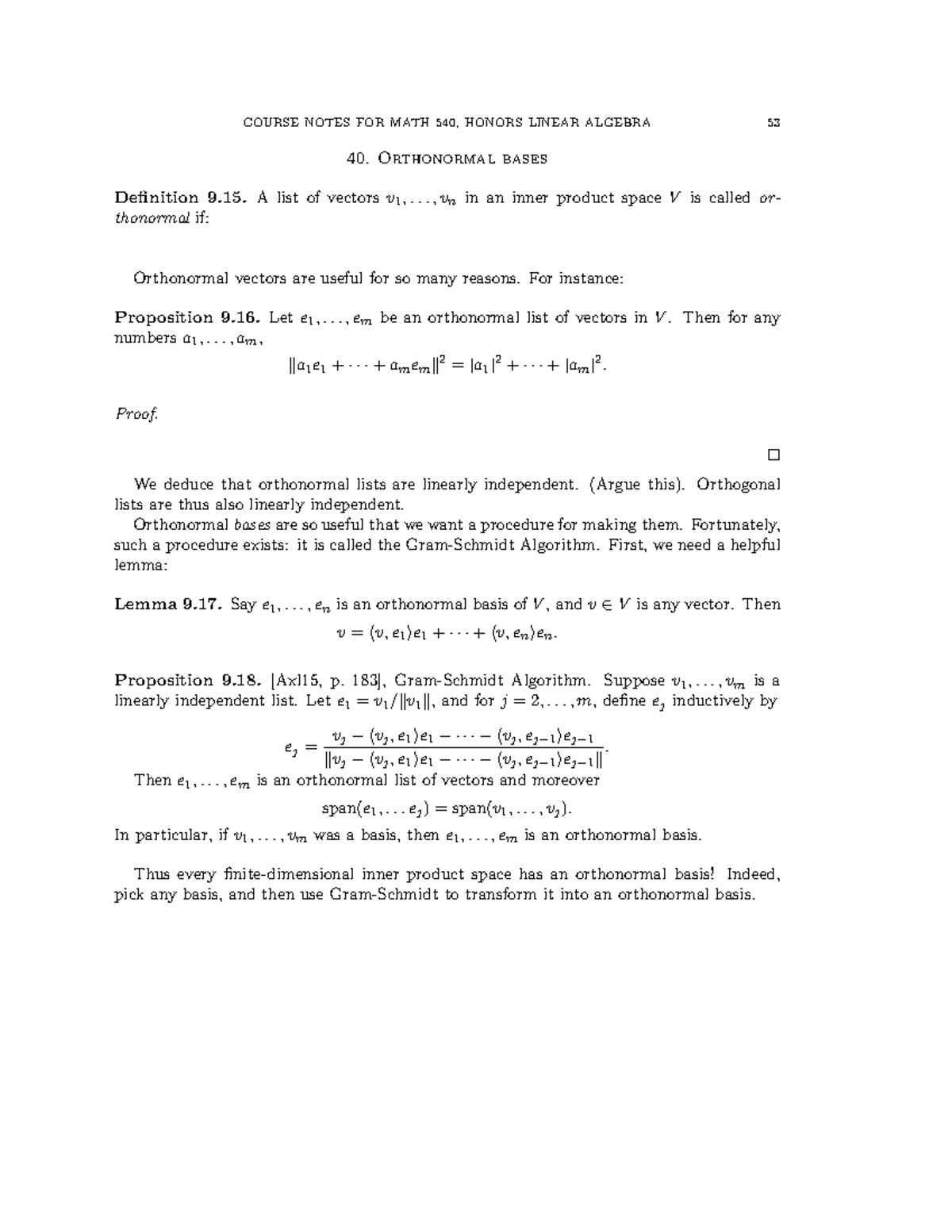 MATH 540: Honors Linear Algebra Course Notes on Orthonormal Bases - Studocu
