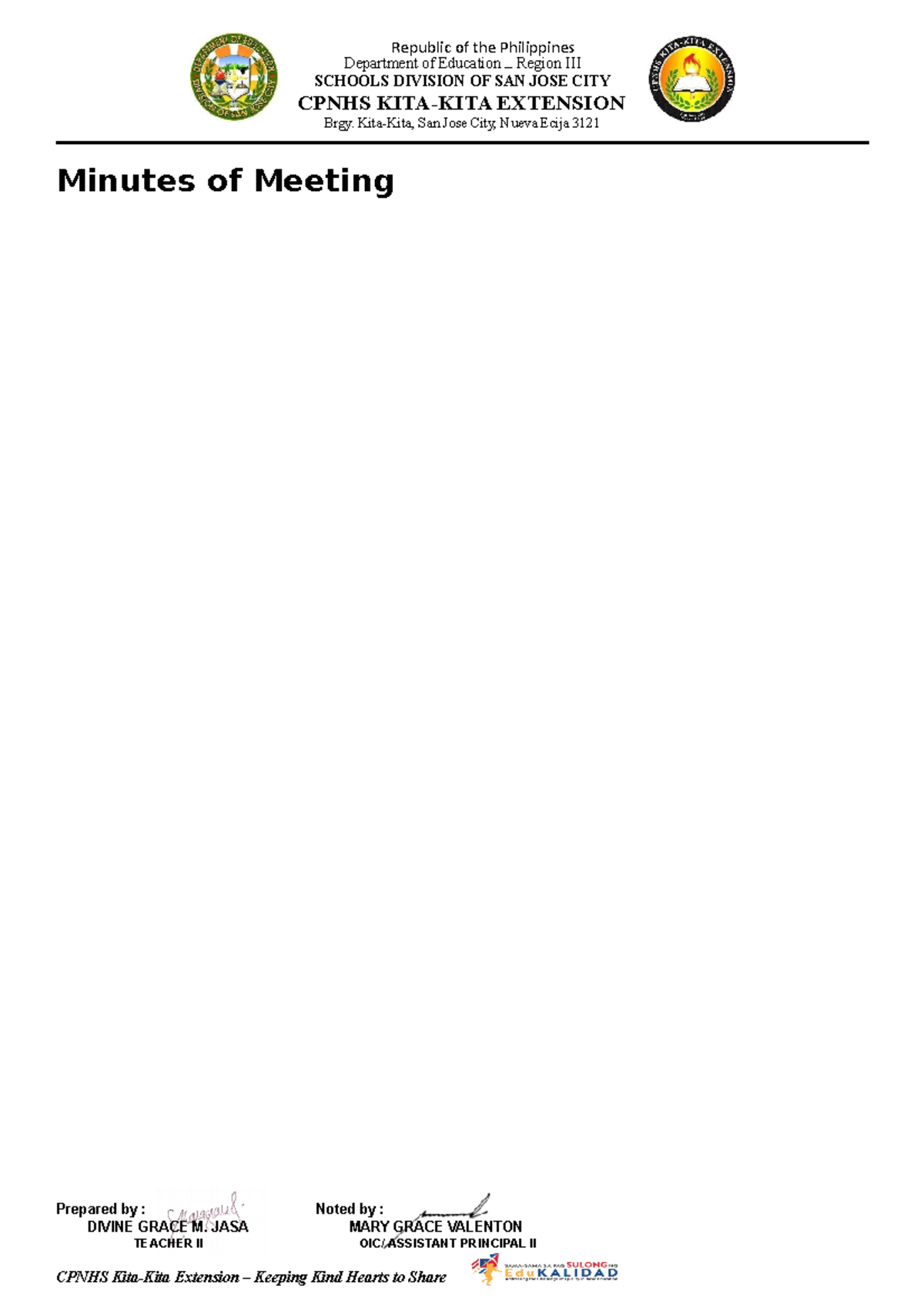 Minutes - NOTES - Minutes of Meeting Prepared by : Noted by : DIVINE ...