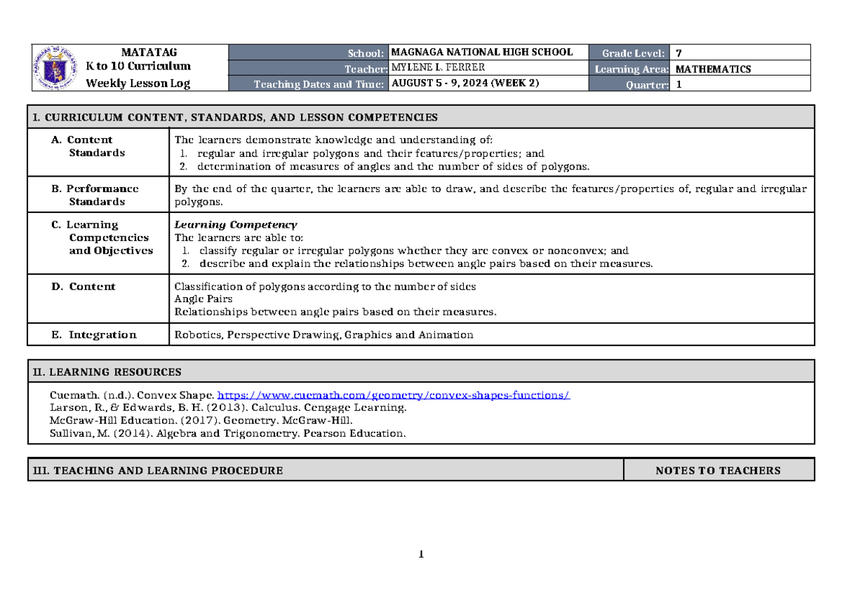 DLL Matatag MATH 7 Q1 W2 - Week 2 Lesson Log on Polygons and Angles - Studocu