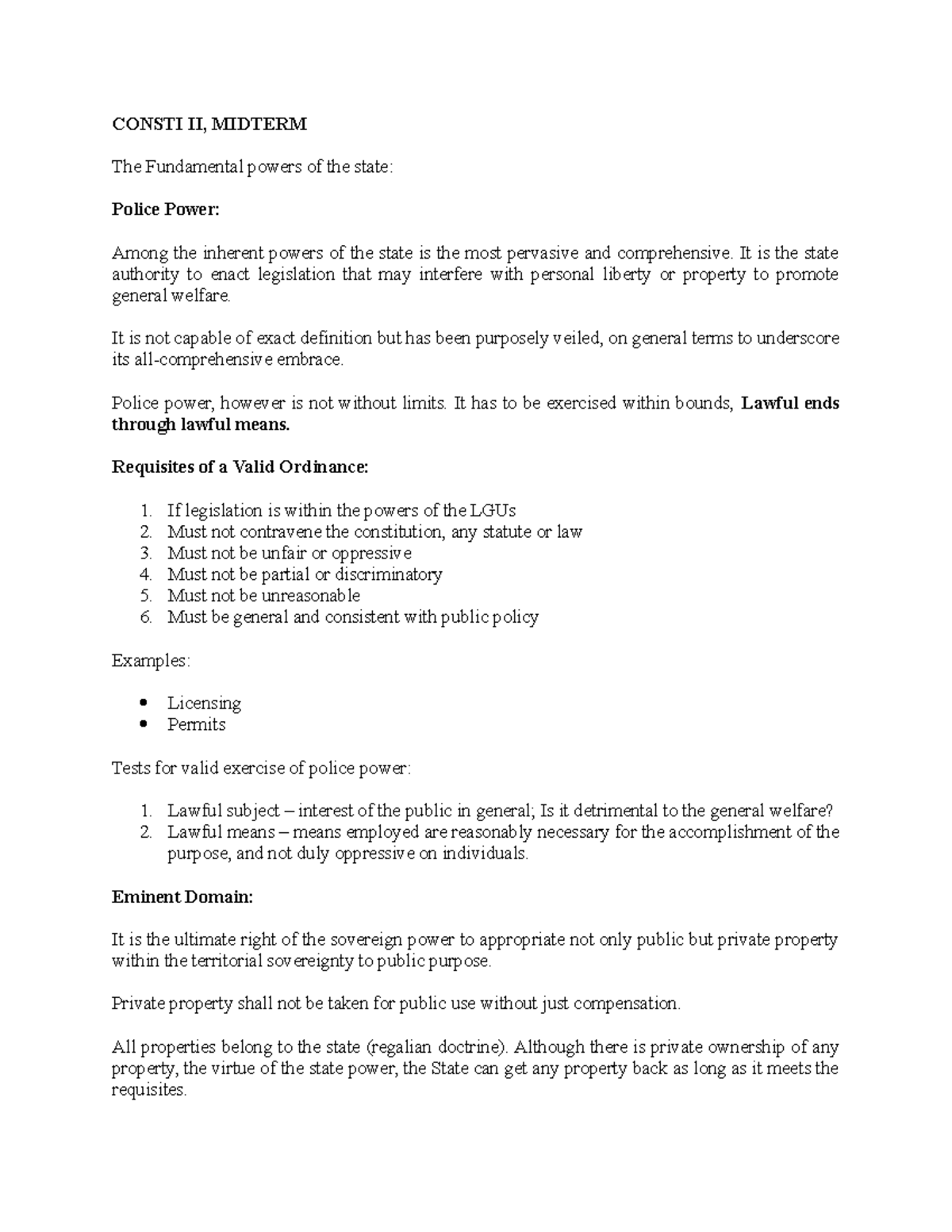 Consti II - Midterm Exam Reviewer: Powers of the State & Due Process ...