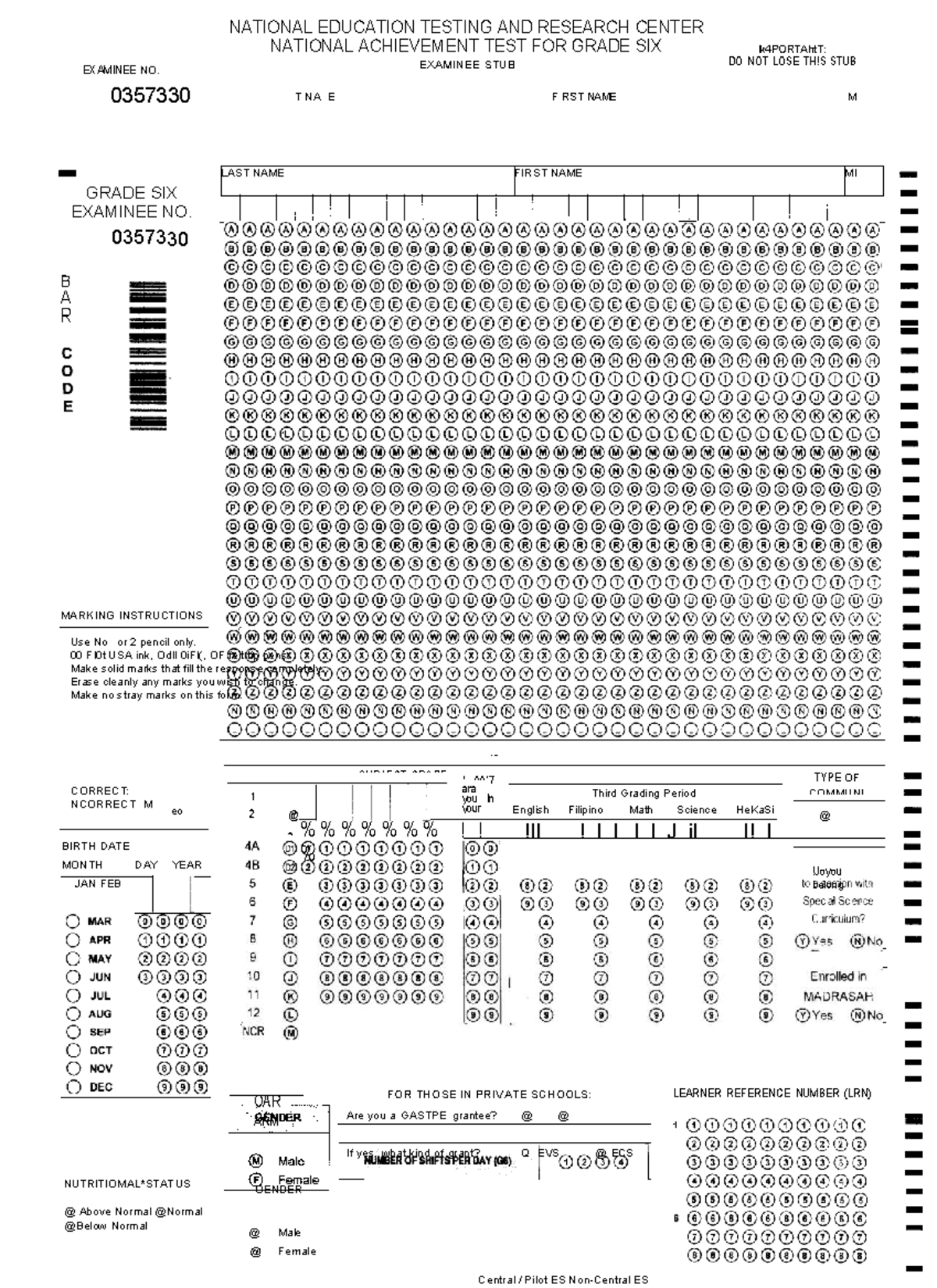 NAT Achievement Test Grade 6 - Answer Sheet Instructions - Studocu