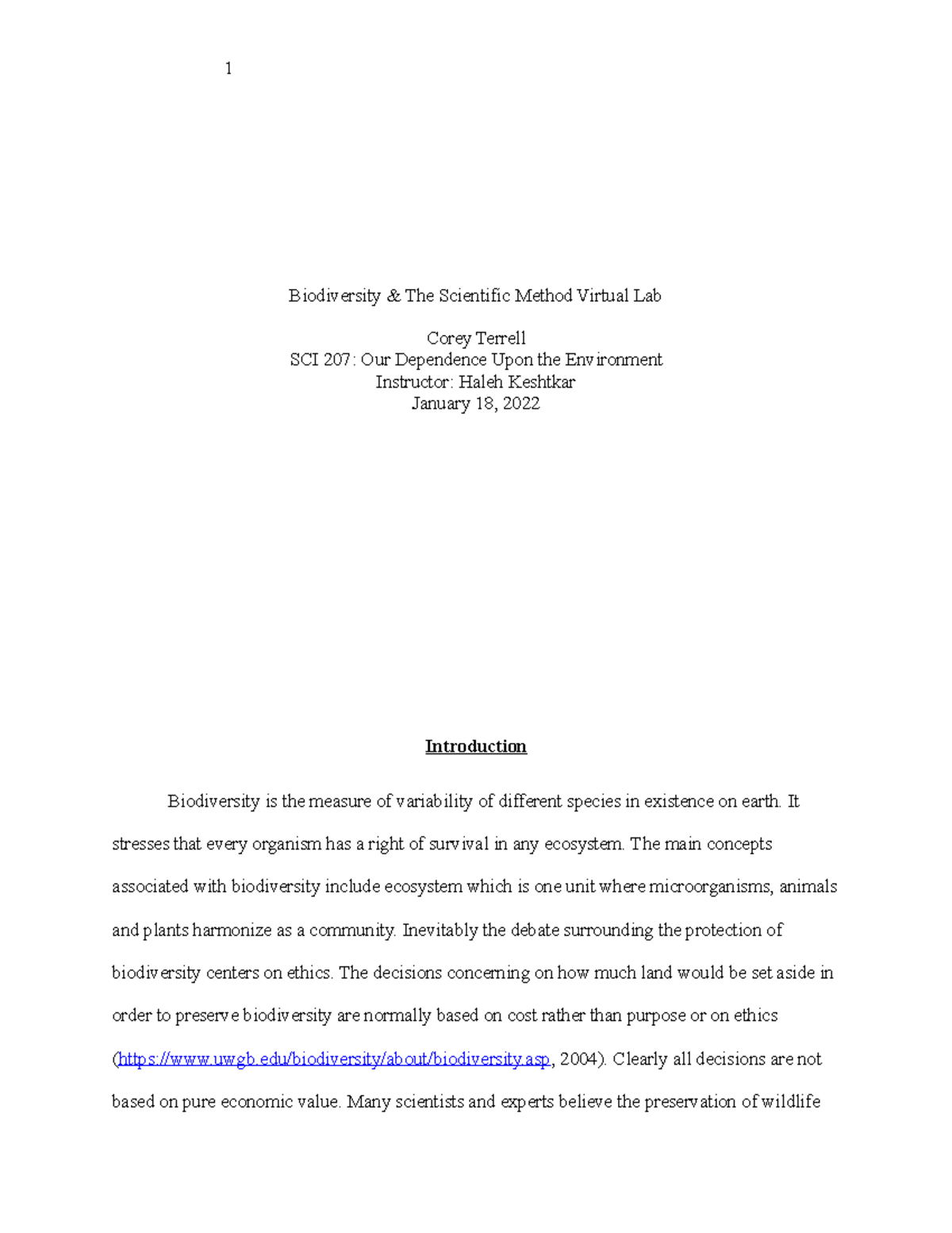 Week 1 Lab Report: Biodiversity Investigations in SCI 207 Virtual Lab ...