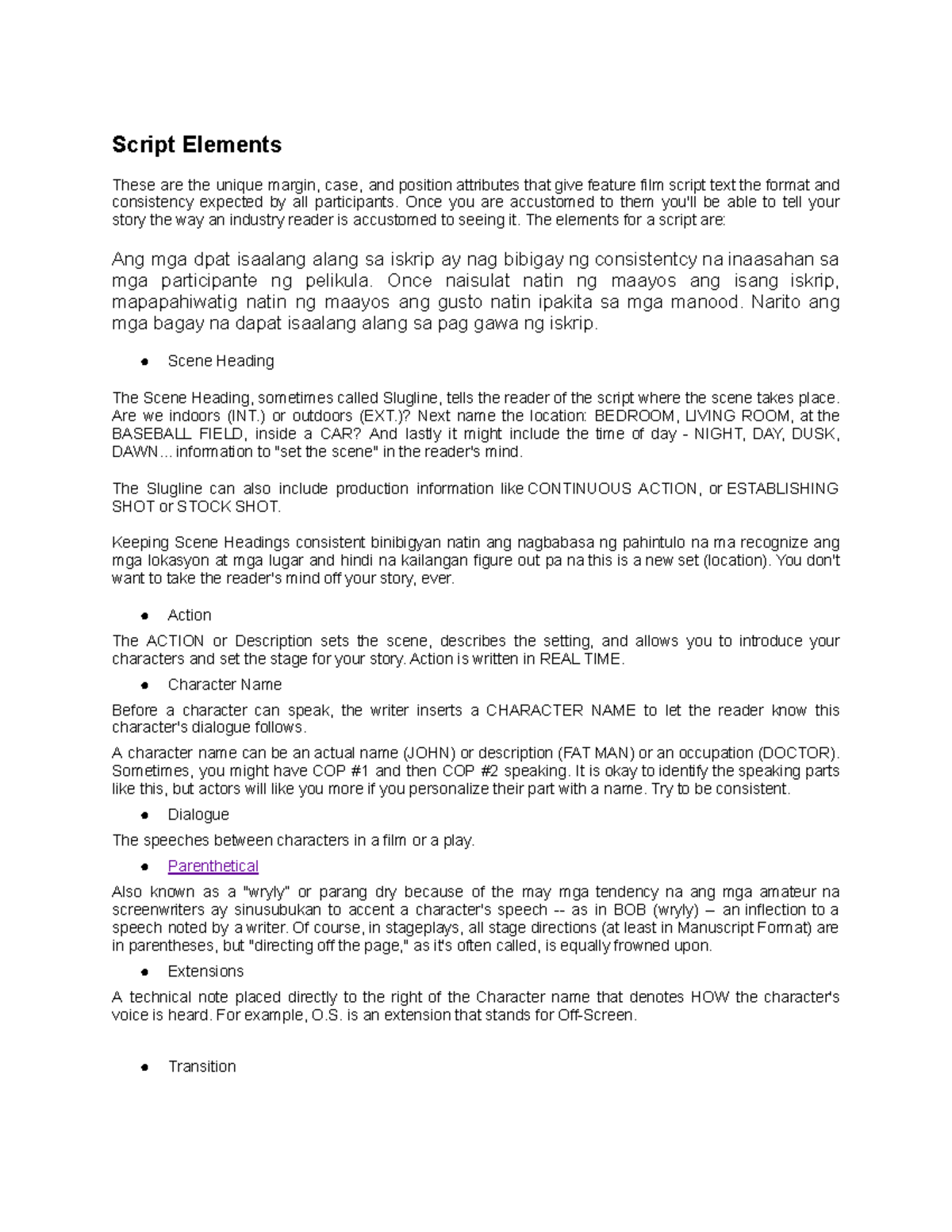 Filipino Script Elements: Key Formatting for Film Scripts - Studocu