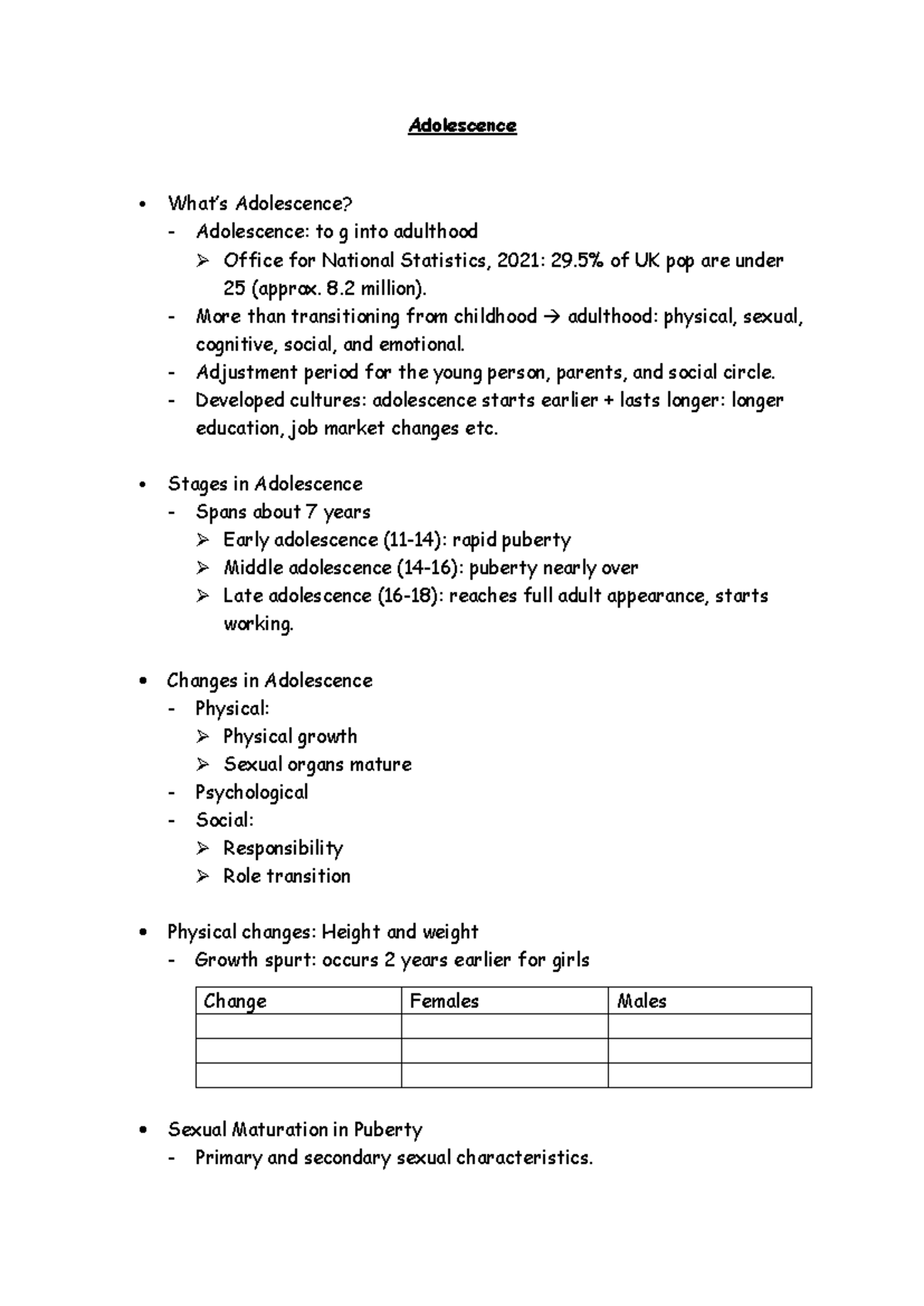 Adolescence: Key Changes and Developmental Stages - Week 9 Notes - Studocu