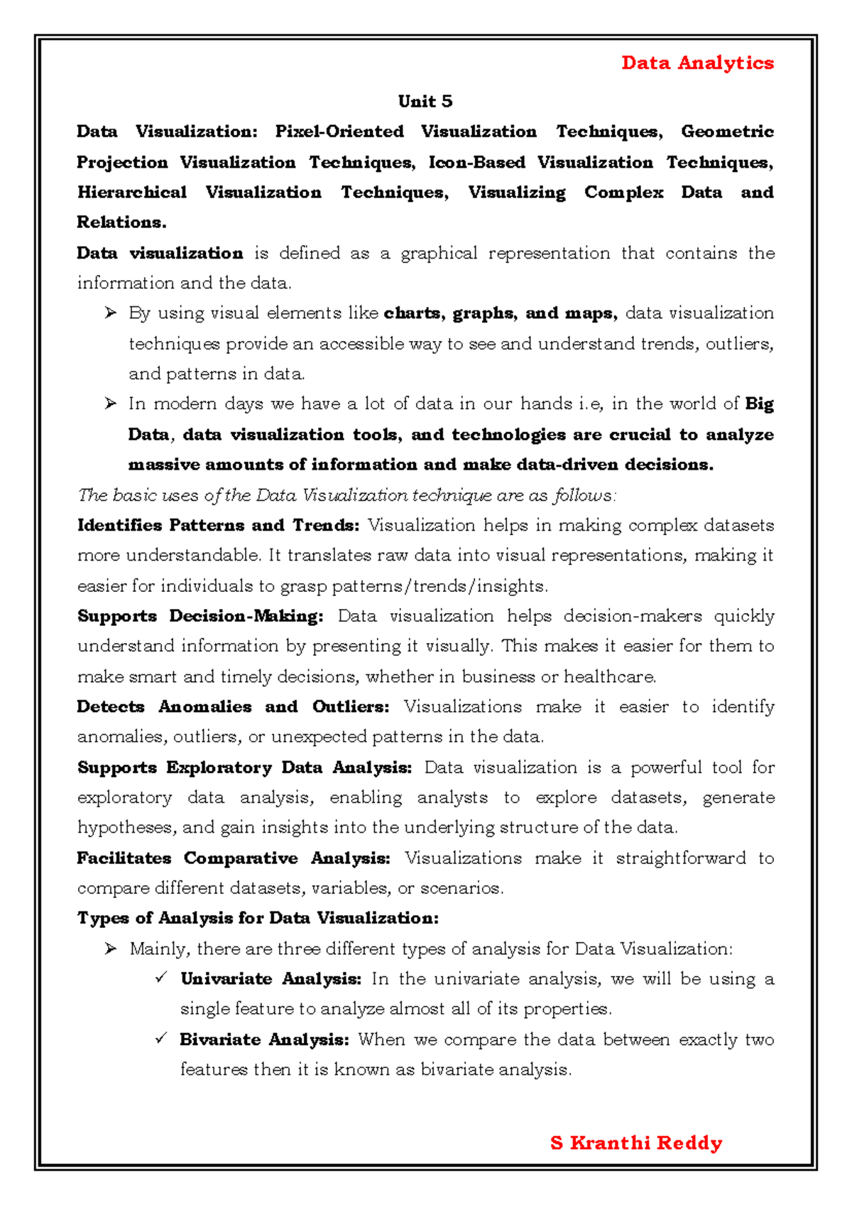 Unit 5 Notes: Data Visualization Techniques & Tools for Analytics - Studocu