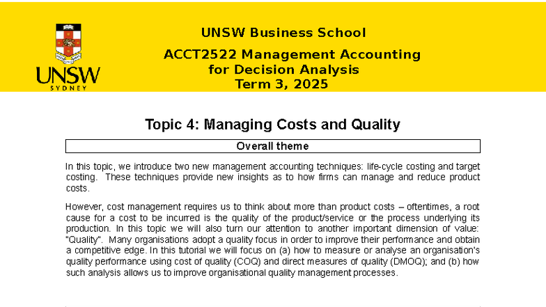 ACCT2522 Management Accounting Tutorial Questions: Topic 4 - Cost ...