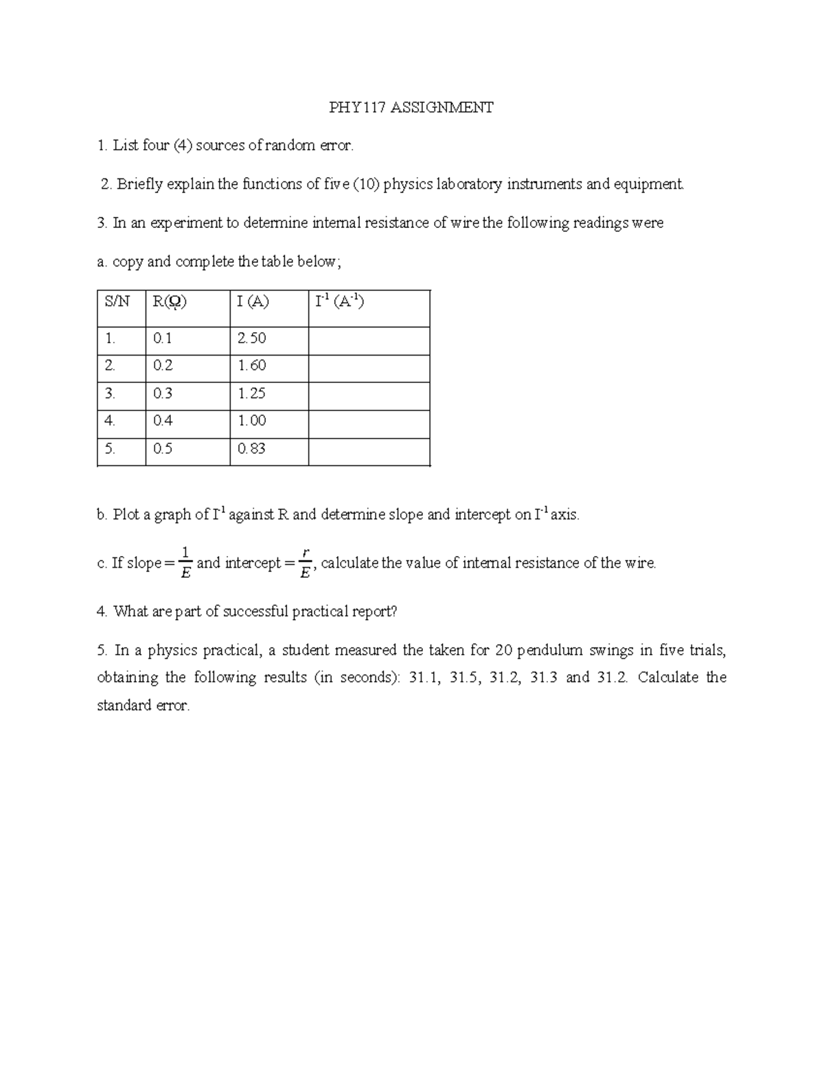 PHY117 Assignment 1: Random Errors & Lab Instrument Functions - Studocu