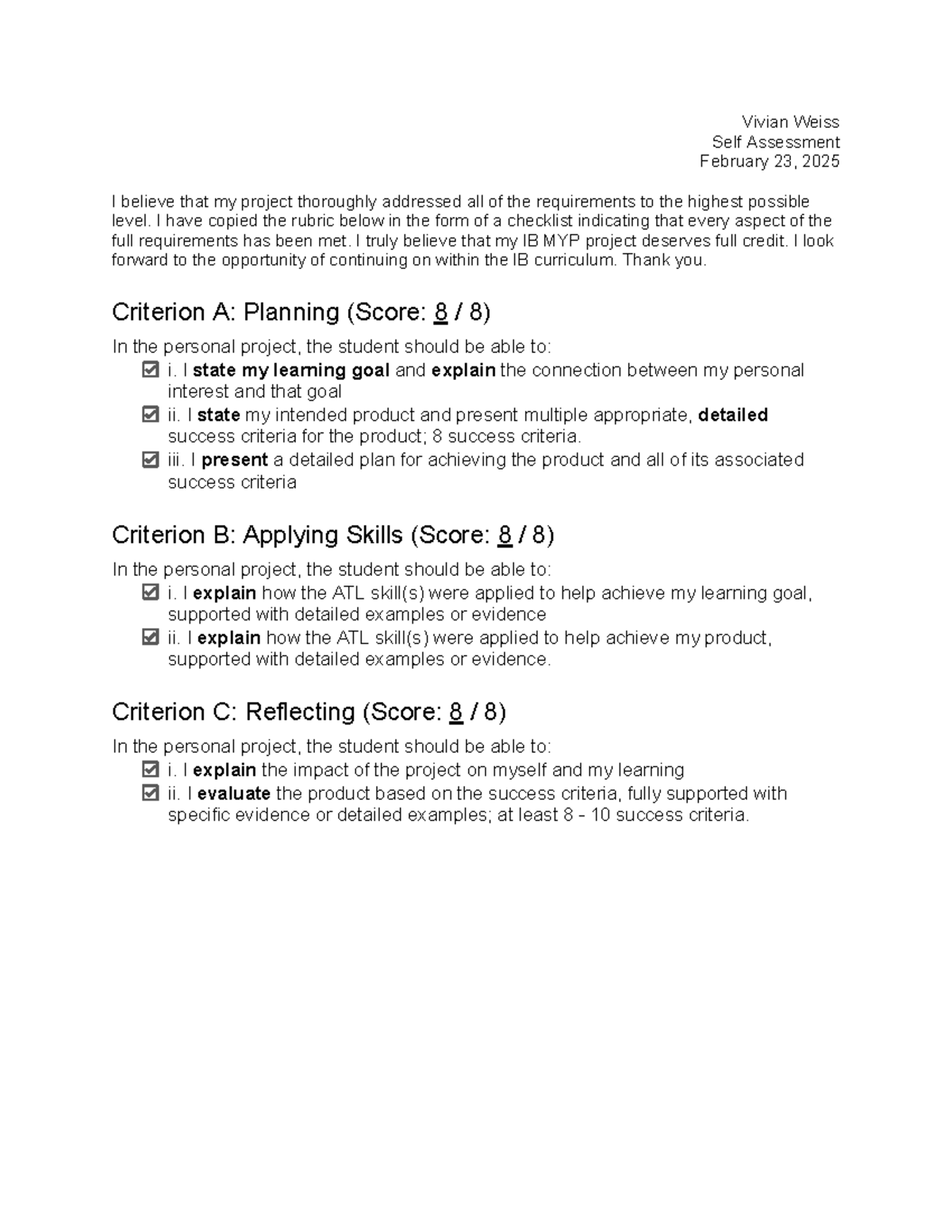 IB MYP Project Self Assessment - Step 19 Evaluation Report - Studocu