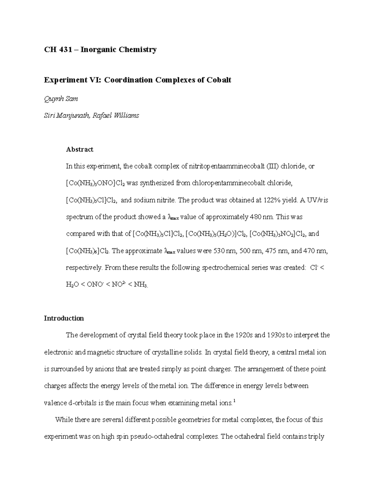 Seminar Assignments - Lab Report For Cobalt Lab. - CH 431 – Inorganic ...