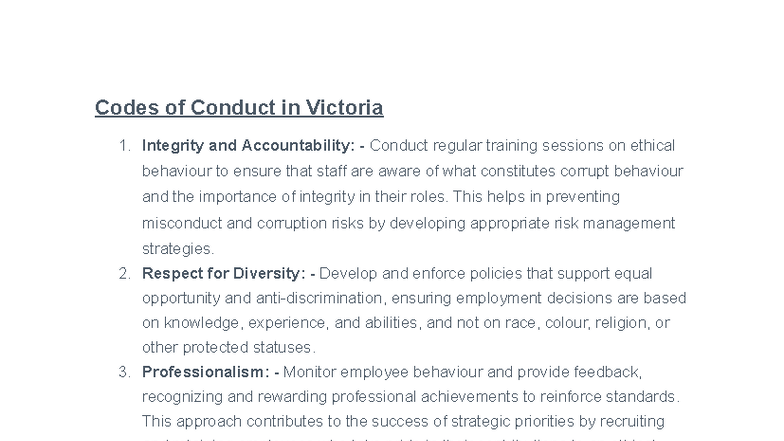 Codes of Conduct in Victoria: Integrity, Diversity, and Professionalism ...