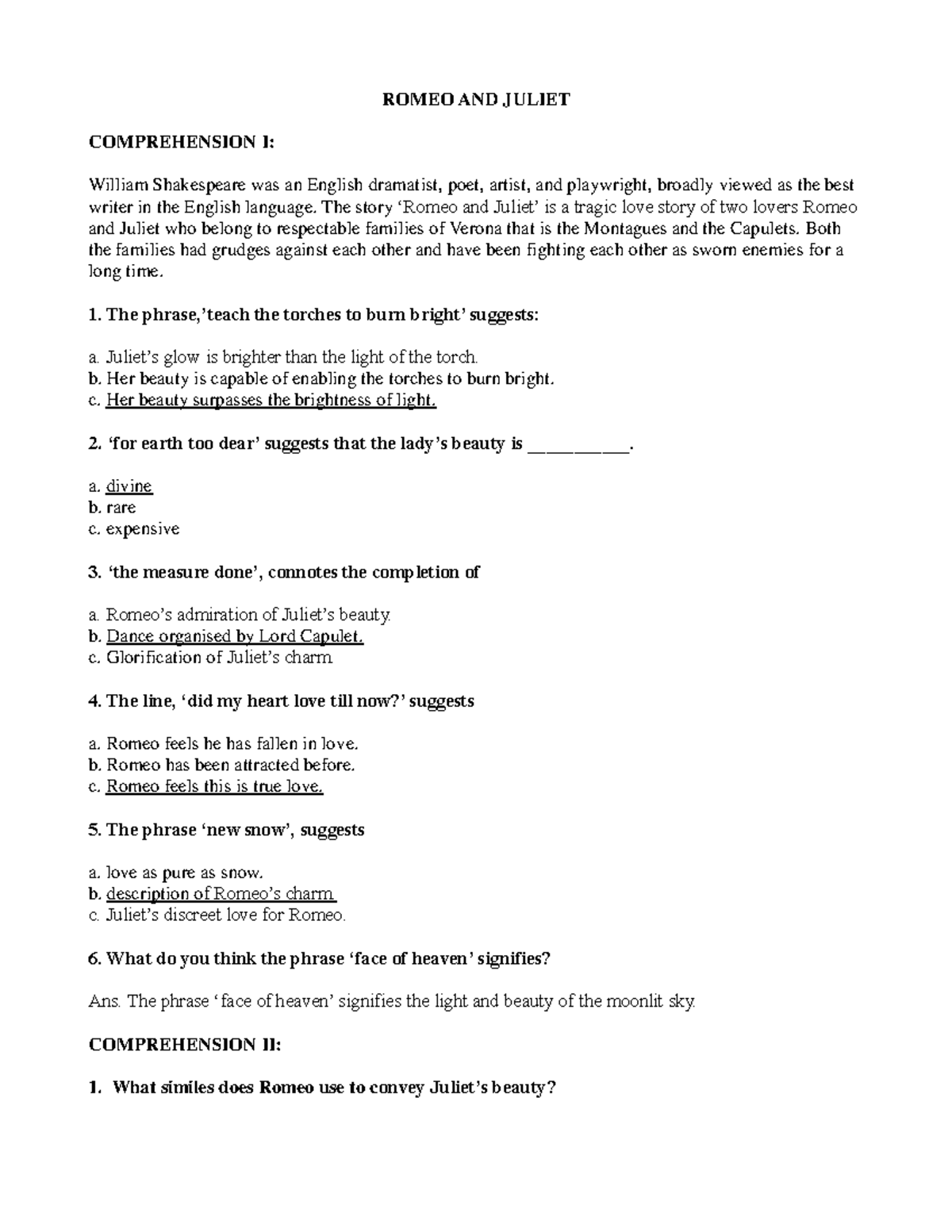 Romeo and Juliet - Comprehension Notes for ENG 101 - Studocu