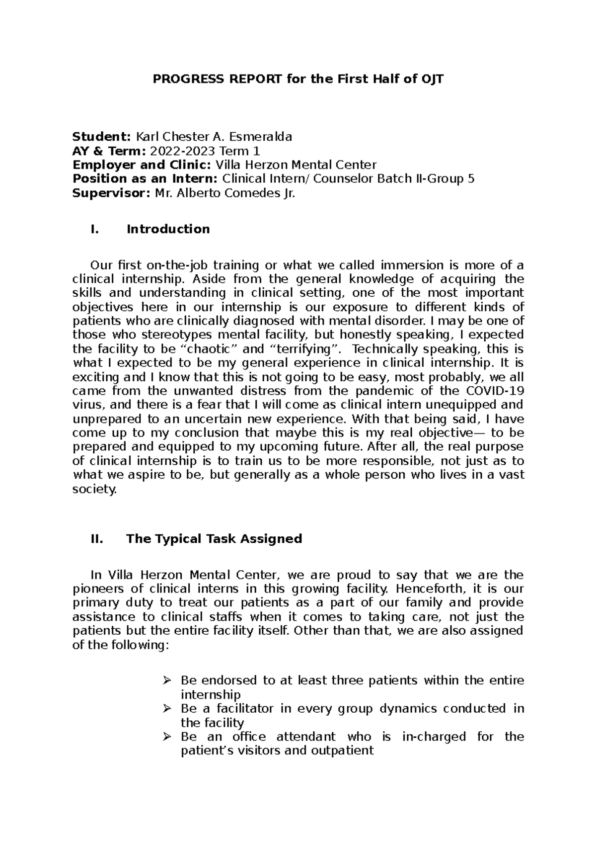 OJT Progress Report: Clinical Internship at Villa Herzon MC (2022-2023) - Studocu